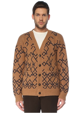 Pal Zileri Erkek Kahverengi V Yaka Geometrik Jakarlı Kaşmir Hırka 50 IT