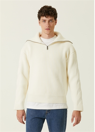 Off-White Erkek Ekru Yakası Fermuarlı Kazak Bej M EU