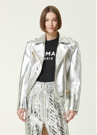 Balmain Kadın Silver Yanı Bağcıklı Deri Ceket Gri 38 FR