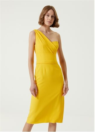 Dolce&Gabbana Kadın Sarı Tek Omuzlu Midi Kokteyl Elbise 38 IT