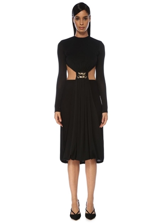 Dodo Bar Or Kadın Tina Siyah Dekolte Detaylı Uzun Kol Midi Elbise 42 IT