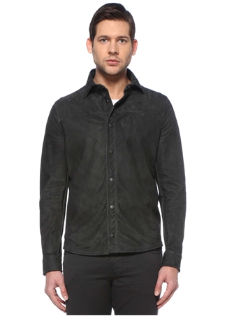 Isaia Erkek Gri Polo Yaka Deri Gömlek 50 IT