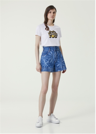 Sandro Kadın Yüksek Bel Çiçek Desenli Jean Şort Mavi 36 FR