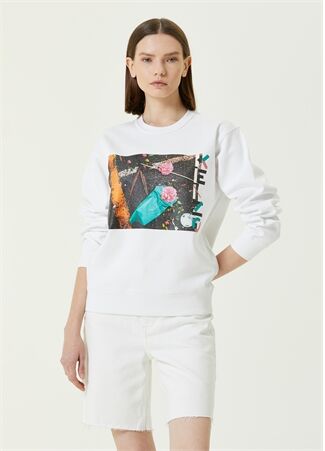 Kenzo Kadın Beyaz Bisiklet Yaka Baskılı Sweatshirt XS EU