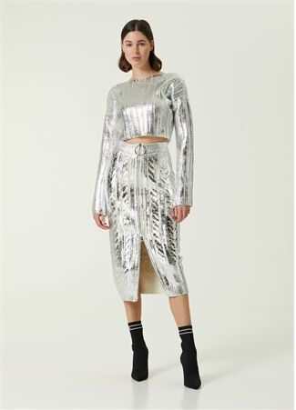 Balmain Kadın Silver Fermuarlı Midi Örgü Etek Gri 38 FR Balmain Kadın Silver Fermuarlı Midi Örgü Etek Gri 38 FR
