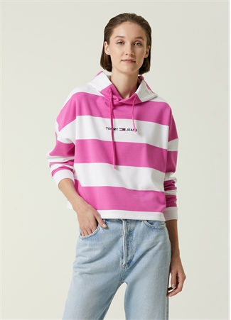 Tommy Jeans Kadın Pembe Beyaz Kapüşonlu Çizgili Sweatshirt M EU Tommy Jeans Kadın Pembe Beyaz Kapüşonlu Çizgili Sweatshirt M EU
