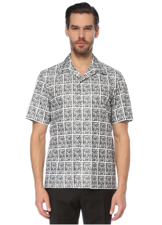Fendi Erkek Siyah Beyaz Kamp Yaka Desenli Kısa Kollu Gömlek 39 IT