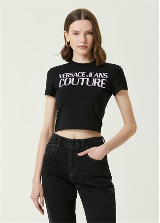 Versace Jeans Couture Kadın Siyah Logolu Cropped T-shirt XS EU
