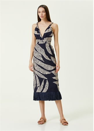 Johanna Ortiz Kadın Lacivert V Yaka Desenli Midi Kokteyl Elbise 4 US Johanna Ortiz Kadın Lacivert V Yaka Desenli Midi Kokteyl Elbise 4 US