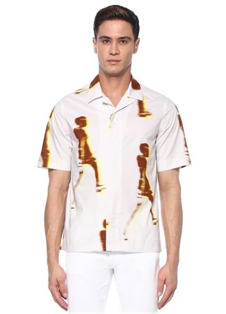 Paul Smith Erkek Beyaz Kahverengi Kamp Yaka Figür Desenli Gömlek Gri L EU