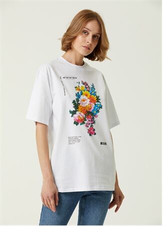 Msgm Kadın Beyaz Bisiklet Yaka Baskılı T-shirt L EU