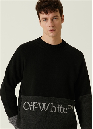 Off-White Erkek Siyah Gri Logo Jakarlı Yün Kazak S EU