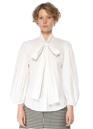 Red Valentino Kadın Beyaz Yakası Bağcıklı Balon Kol Poplin Bluz 40 IT
