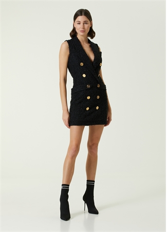 Balmain Kadın Siyah Kruvaze Mini Tweed Elbise 36 FR Balmain Kadın Siyah Kruvaze Mini Tweed Elbise 36 FR