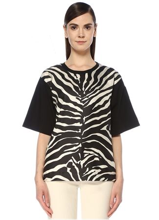 Moncler Kadın Siyah Beyaz Zebra Desenli İpek T-shirt XS EU