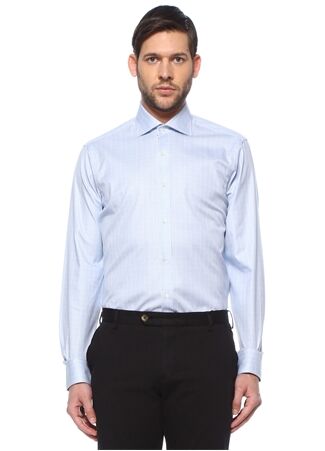 Pal Zileri Erkek Mavi İtalyan Yaka Kareli Gömlek 38 IT