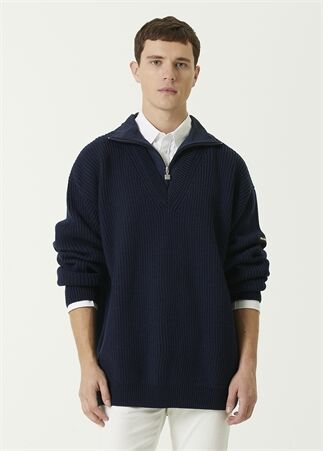 Balenciaga Erkek Lacivert Yakası Fermuarlı Yün Kazak XS EU