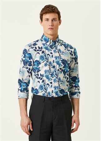 Etro Erkek Mavi Beyaz Çiçek Desenli Gömlek 38 IT