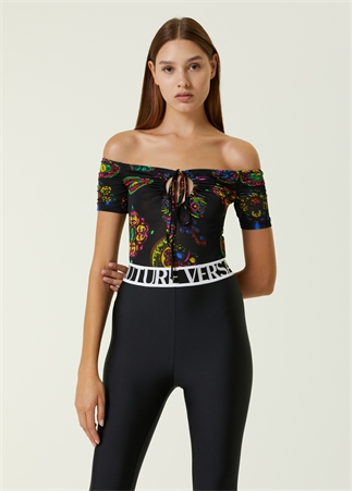 Versace Jeans Couture Kadın Siyah Düşük Omuzlu Desenli Body 38 IT