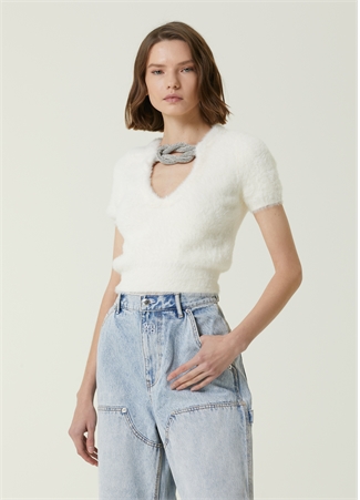 Alexander Wang Kadın Ekru V Yaka Taşlı Suni Kürk Triko Beyaz M EU Alexander Wang Kadın Ekru V Yaka Taşlı Suni Kürk Triko Beyaz M EU