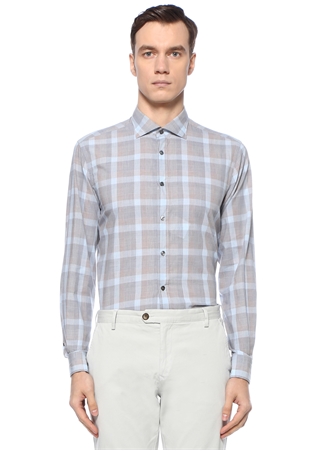 Pal Zileri Erkek Mavi Bej İngiliz Yaka Kareli Gömlek Kahverengi 4 IT