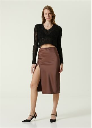 Anna October Kadın Kahverengi Yırtmaç Detaylı Midi Etek S EU