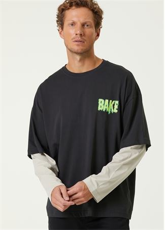 Turn & Bake Erkek Siyah Slogan Baskılı Çift Kollu T-shirt XS EU