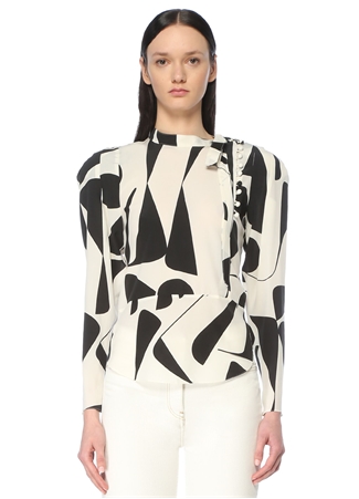 Isabel Marant Kadın Siyah Ekru Dik Yaka Desenli İpek Bluz 36 FR