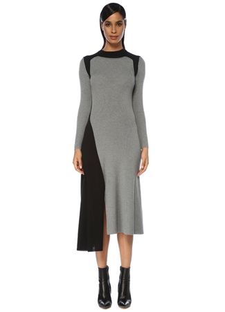 Alexander McQueen Kadın Gri Siyah Bloklu Asimetrik Midi Triko Elbise L EU