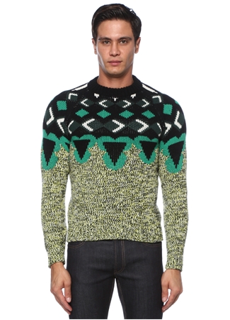 Prada Erkek Siyah Yeşil Etnik Desen Jakarlı Yün Kazak 48 IT