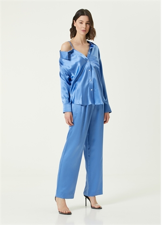 T by Alexander Wang Kadın Mavi Siyah Logo Bantlı İpek Pantolon M EU T by Alexander Wang Kadın Mavi Siyah Logo Bantlı İpek Pantolon M EU