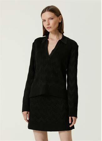 Missoni Kadın Siyah V Yaka Jakarlı Yün Kazak 42 IT