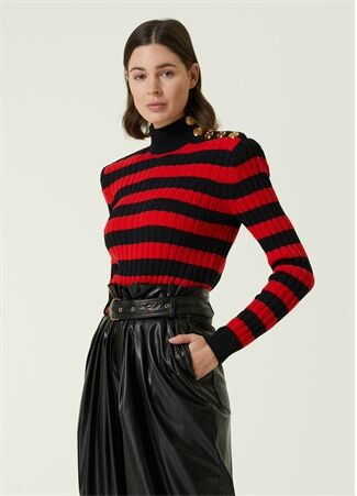 Balmain Kadın Kırmızı Siyah Dik Yaka Çizgili Yün Kazak 36 FR