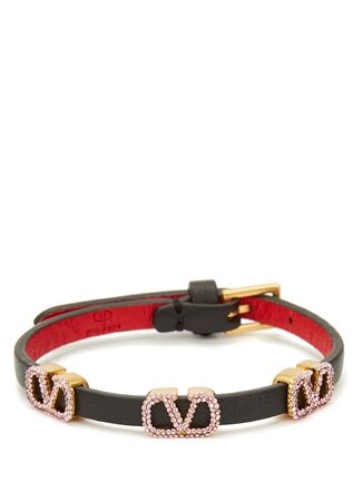 Valentino Garavani Kadın VLogo Siyah Taşlı Deri Bileklik EU