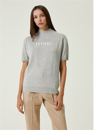 Brunello Cucinelli Kadın Gri Dik Yaka Yazı Detaylı Yün Triko S EU