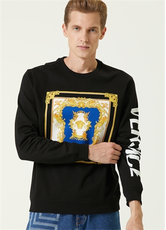 Versace Erkek Siyah Logo Detaylı Sweatshirt S EU