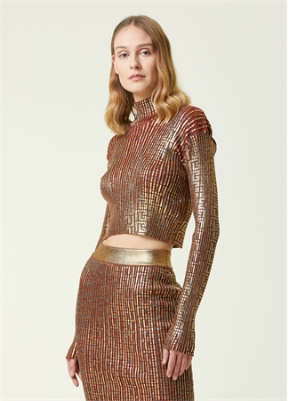 Balmain Kadın Gold Dik Yaka Logolu Crop Bluz Altın Rengi 36 FR