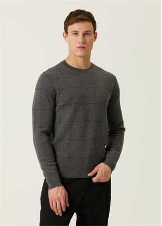 Emporio Armani Erkek Gri Kareli Yün Kazak S EU