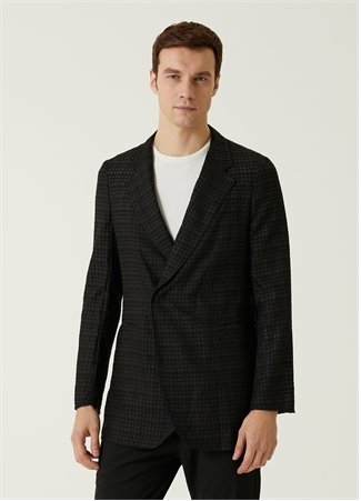 Emporio Armani Erkek Siyah Kelebek Yaka Pötikare Desenli Yün Ceket 50 IT