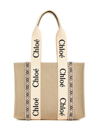 Chloe Kadın Bej Logo Jakarlı Keten Omuz Çantası EU