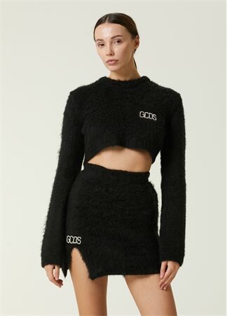 Gcds Kadın Siyah Taşlı Logolu Crop Kazak S EU