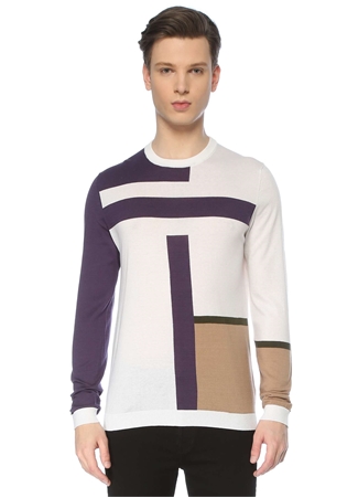 Palzileri Lab Erkek Beyaz Mor Geometrik Desenli Kazak 50 IT