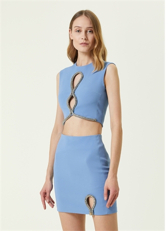 DAVID KOMA Kadın Mavi Taşlı Şeritli Crop Abiye Bluz 0 UK