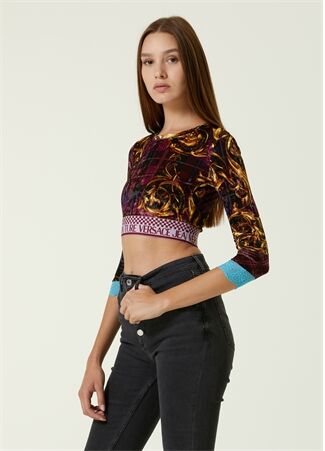 Versace Jeans Couture Kadın Bordo Desenli Crop Sweatshirt 38 IT
