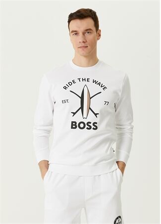 Boss Erkek Beyaz Logo Baskılı Sweatshirt S Eu