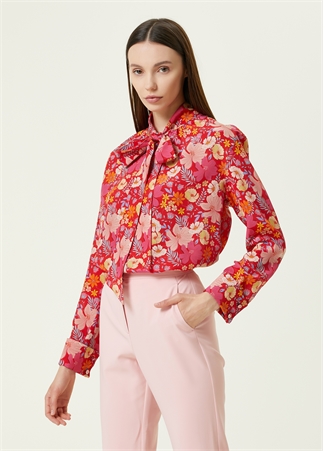 Lanvin Kadın Kırmızı Yakası Bağcıklı Çiçekli İpek Bluz 36 It