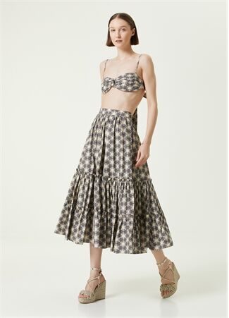 Faraway Kadın Saddle Bej Siyah Desenli Midi Etek 34 Eu