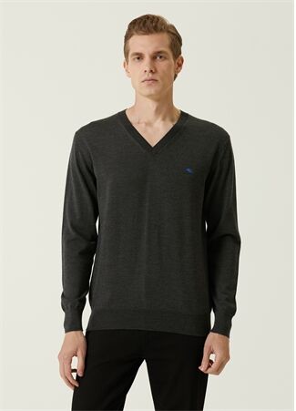Etro Erkek Gri V Yaka Logo Nakışlı Yün Kazak S EU