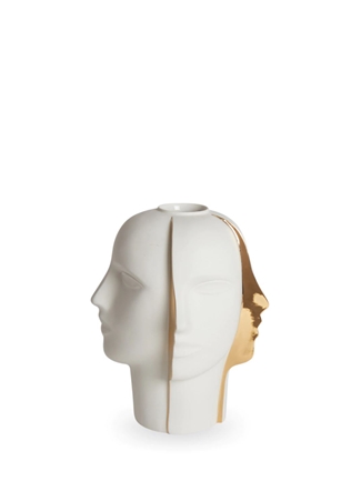 Jonathan Adler Atlas Beyaz Gold Yüz Desenli Porselen Vazo