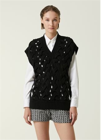 Valentino Kadın Siyah V Yaka Kolsuz Yün Triko S EU